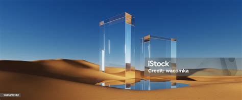 3d 렌더링 추상적인 초현실적인 사막 풍경 화창한 날 맑고 푸른 하늘 노란 모래 언덕 거울 반사가 있는 평평한 표면 기하학적 사각형 유리 아치 미니멀리스트 미적 벽지 사막에