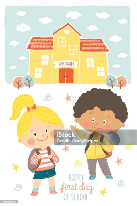 학교 카드 디자인의 행복 첫날 아 이들은 학교에 간다 학교에서 웃는 소년과 소녀를 위한 백팩과의 유니폼 학교 건물 외관입니다 평면 스타일에서 만화 벡터 일러스트 레이