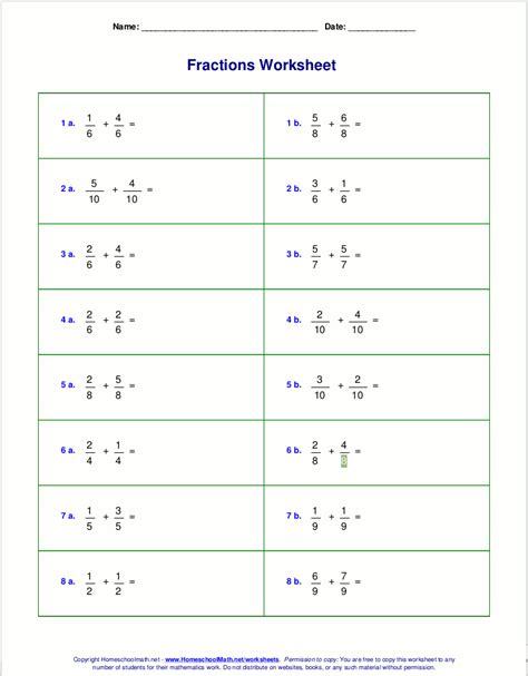 Adding Fractions With Same Denominator Worksheets