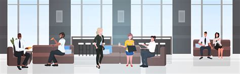 창의적인 코워킹 센터 사무실 내부 수평 전체 길이를 만나는 동안 커피 브레이크 비즈니스 사람들이 토론하는 경주 사업가를 혼합 0명에 대한 스톡 벡터 아트 및 기타 이미지