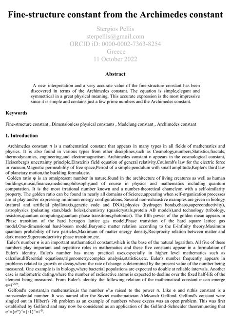 Pdf Fine Structure Constant From The Archimedes Constant