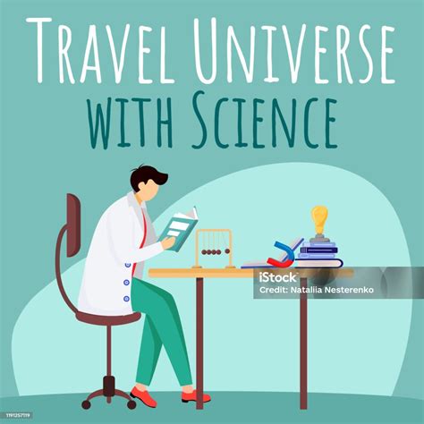 과학 소셜 미디어 게시물 모형과 여행 우주 직장에서 과학자 광고 웹 배너 디자인 템플릿입니다 소셜 미디어 부스터 프로모션 포스터 플랫 일러스트가 있는 광고 인쇄 가공의