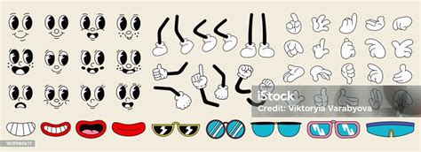 70 년대 그루비 만화 벡터의 집합입니다 다양한 감정 손 장갑 안경 신발의 만화 캐릭터 얼굴 모음 귀여운 복고풍 그루비 히피 그림 장식 스티커 다리 신체 부분에 대한 스톡