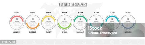 8 라인 원이있는 비즈니스 벡터 인포 그래픽 다이어그램 순서도 배너 프레젠테이션 웹을 위한 여덟 단계를 포함하는 타임라인 시각화 0명에 대한 스톡 벡터 아트 및 기타 이미지
