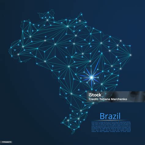 브라질 통신 네트워크 지도 별과 공간의 형태로 포인트와 모양으로 구성된 도시 또는 인구 밀도의 형태로 조명글로벌지도의 벡터 낮은 폴리 이미지 브라질에 대한 스톡 벡터 아트