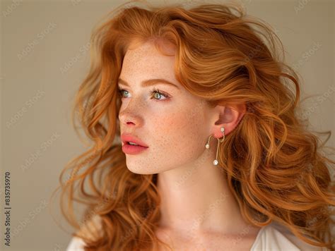 주얼리 룩북 긴 빨간 머리 곱슬 머리를 가진 측면 프로필 백인 모델 어깨는 편안하고 귀는 눈길을 끄는 다이아몬드 귀걸이 베이지 배경 фотография Stock