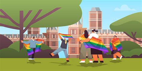 혼합 경주 사람들 개최 Lgbt 무지개 플래그 게이 레즈비언 사랑 퍼레이드 프라이드 축제 트랜스 젠더 사랑 개념 Pride Lgbtqi Event에 대한 스톡 벡터 아트