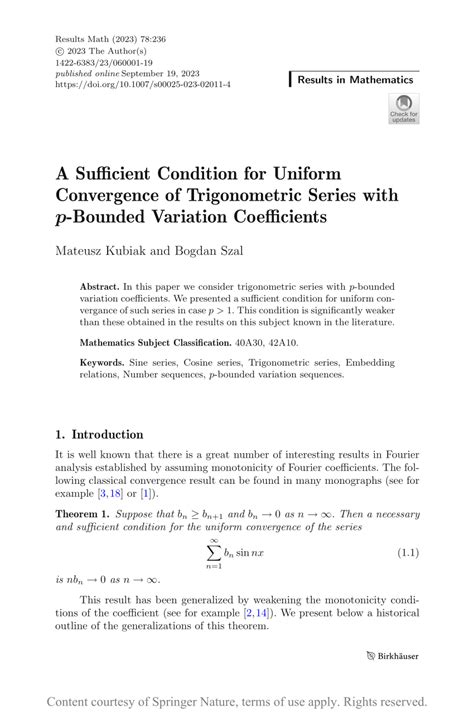Pdf A Sufficient Condition For Uniform Convergence Of Trigonometric Series With P Bounded