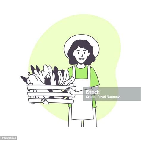 수확된 작물과 함께 상자를 들고 있는 여성 농부 캐릭터 농업 작업 벡터 일러스트 레이 션 개념에 대한 스톡 벡터 아트 및 기타 이미지 개념 계절 나무 상자 Istock