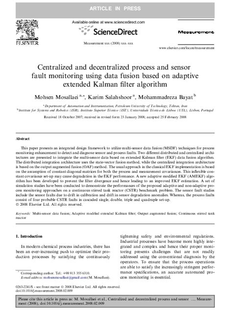 Pdf Centralized And Decentralized Process And Sensor Fault Monitoring Using Data Fusion Based
