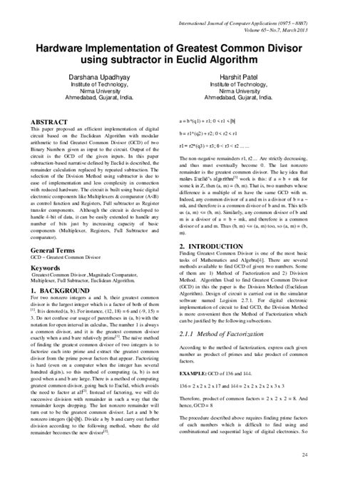 Pdf Hardware Implementation Of Greatest Common Divisor Using