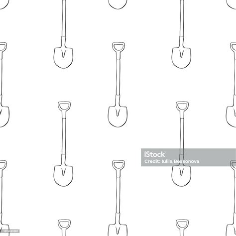 정원 삽 스페이드 특종으로 매끄러운 패턴 플랫 낙서 스타일의 국가 사이트 인 다차 에서 농장에서 작업하기위한 도구가있는 벡터 배경과 텍스처 손으로 그린 고립 된 그림 강철에