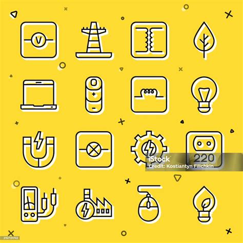 잎 전기 콘센트 크리에이 티브 램프 조명 아이디어 변압기 배터리 충전 노트북 전압계 및 전자 회로 아이콘의 인덕터와 전구를 설정합니다 벡터 검은색에 대한 스톡 벡터 아트 및