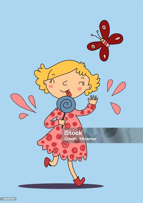 벡터 만화 재미 금발의 소녀 핥는 롤리팝 과 데 재미 실행 후 나비 다중 색상에 대한 스톡 벡터 아트 및 기타 이미지 다중 색상 달콤한 음식 드로잉 Istock