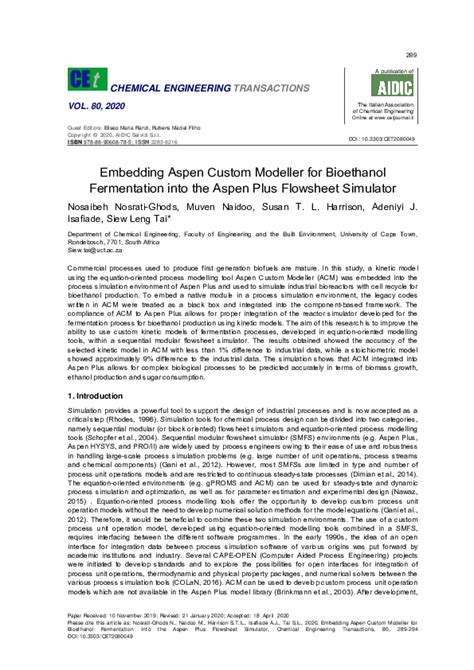 Pdf Embedding Aspen Custom Modeller For Bioethanol Fermentation Into The Aspen Plus Flowsheet