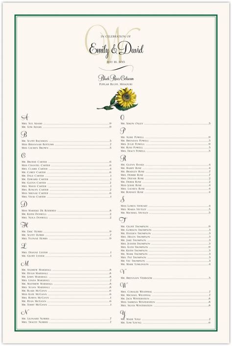 Sunflower Wedding Seating Chart Sunflower Seating Arrangement Chart