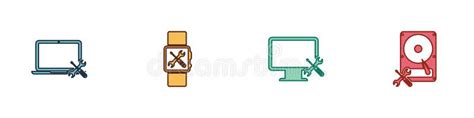 Set Laptop Service Smartwatch Computer Monitor And Hard Disk Drive Icon Vector Stock Vector