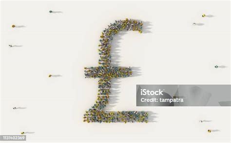 Gbp 파운드 스털링 통화를 형성 하는 사람들의 큰 그룹 비즈니스 소셜 미디어 및 흰색 바탕에 커뮤니티 개념에 돈 기호입니다 위의 군중 그림의 3d 기호 함께 모여 아이콘에