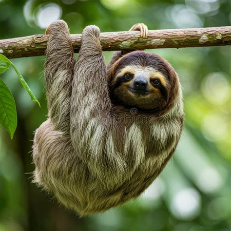 Close Up Of A Smiling Three Toed Sloth Hanging Upside Down From A Tree