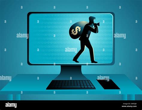 Vector Illustration Of A Thief Carrying Big Sack Full Of Cash Money In The Computer Monitor