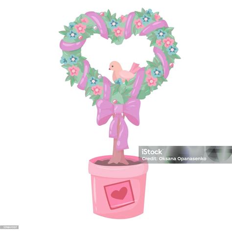하트 모양의 나무를 파악했습니다 토피아리 화분 정원 장식 파스텔 색상의 발렌타인 데이 장식의 요소 흰색에 고립 된 만화 스타일로 그려진 벡터 그림 0명에 대한 스톡 벡터