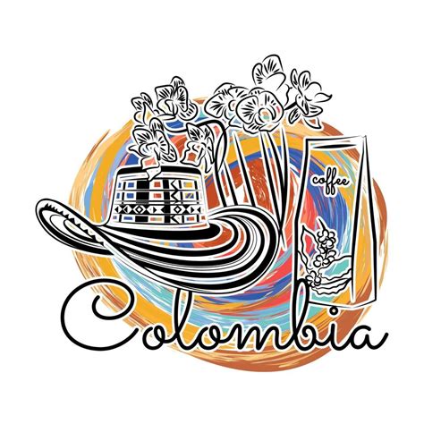 Colored Colombia Travel Promotion With Coffee Flowers And Hat Vector