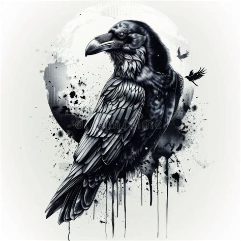 Abstract Black And White Ink Illustration Of A Raven With Splatter Effects Stock Image Image