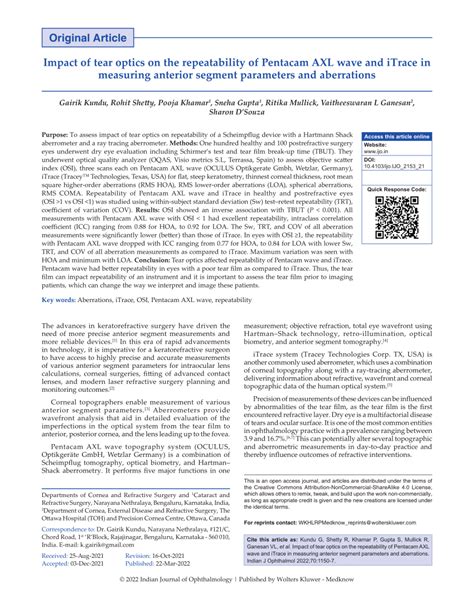 Pdf Impact Of Tear Optics On The Repeatability Of Pentacam Axl Wave