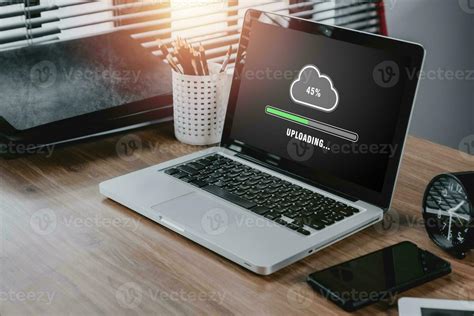 Upload Data Concept Laptop Computer Screen Display Show Waiting For Cloud Uploading On Laptop