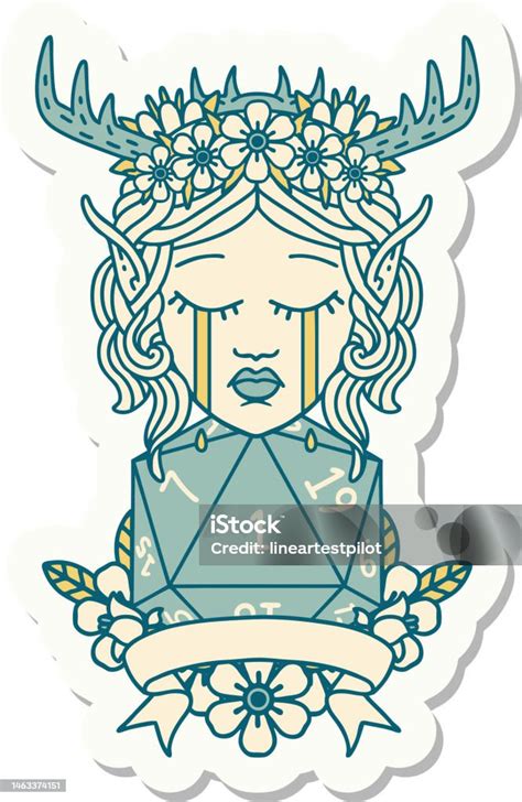 슬픈 엘프 드루이드 캐릭터 얼굴의 스티커와 자연스러운 D20 롤 굴리기에 대한 스톡 벡터 아트 및 기타 이미지 굴리기 꼬마