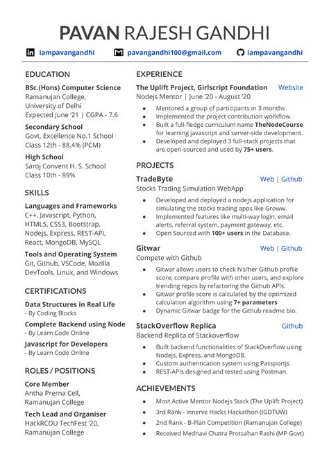 Resume Github PAVAN RAJESH GANDHI Iampavangandhi Pavangandhi Gmail Iampavangandhi EDUCATION