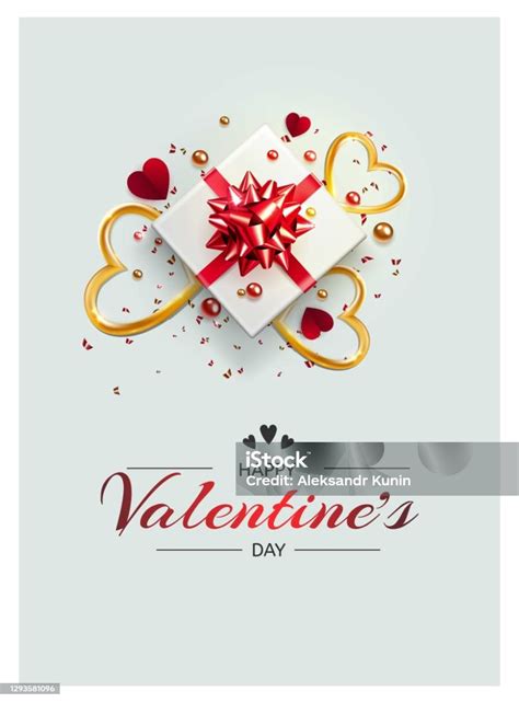 해피 발렌타인 데이 카드 빨간색과 금빛 하트에 파란색 배경에 누워 빨간색 빛나는 활흰색 선물 상자 축제 배경 2 월 14 일 엽서 템플릿 플랫 레이 스타일의 벡터