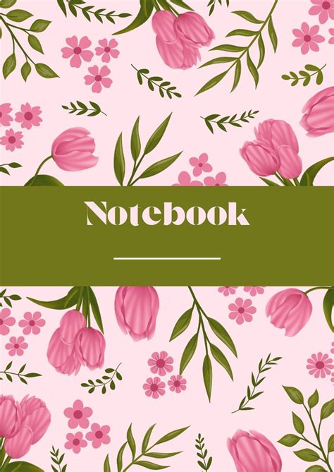 Tulip Flower Illustration Pink And Green Cute Floral Notebook Cover A4