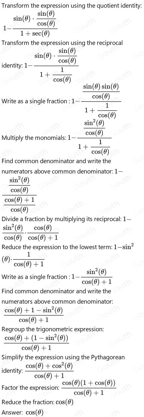 Solved 1 Sin θ Tan θ 1 Sec θ [others]