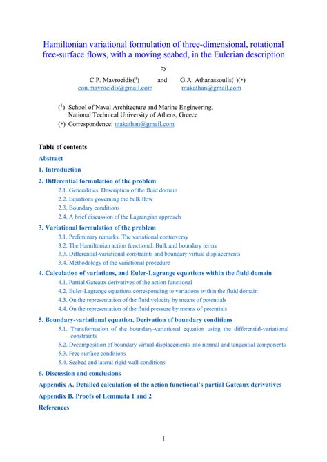 Pdf Hamiltonian Variational Formulation Of Three Dimensional Rotational Free Surface Flows