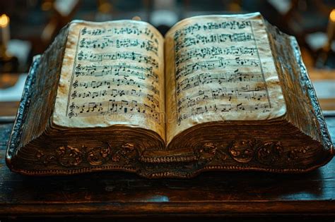 Open Book Displaying Musical Notes Showcasing Intricate Details And Vintage Design Warm