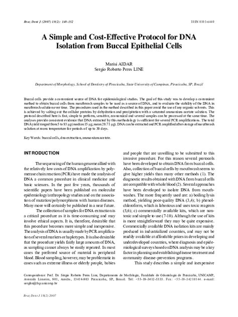 Pdf A Simple And Cost Effective Protocol For Dna Isolation From Buccal Epithelial Cells