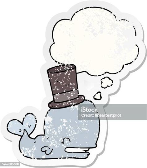 고민된 낡은 스티커로 생각 거품이 있는 모자를 쓰고 있는 만화 고래 고래에 대한 스톡 벡터 아트 및 기타 이미지 고래