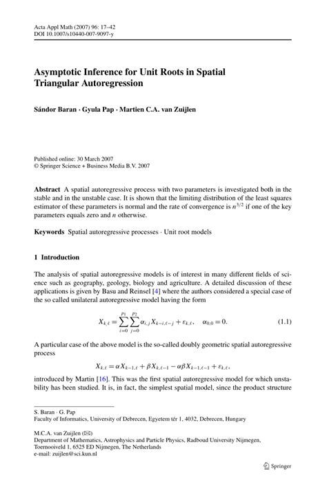PDF Asymptotic Inference For Unit Roots In Spatial Triangular Autoregression