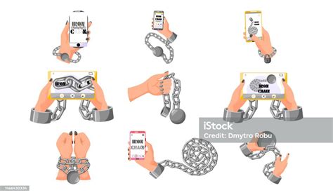 소셜 미디어의 개념으로 손과 스마트폰을 묶는 가제트 중독 철 체인 개념에 대한 스톡 벡터 아트 및 기타 이미지 개념 금속 넥타이 Istock