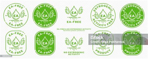 플라스틱 제품에 대한 개념 라벨링 에스트로겐활성 없음 날개 Ea 약어 및 흐르는 성분 라인이있는 화학 플라스크 아이콘은 자유의 상징입니다 벡터 집합입니다 0명에 대한 스톡