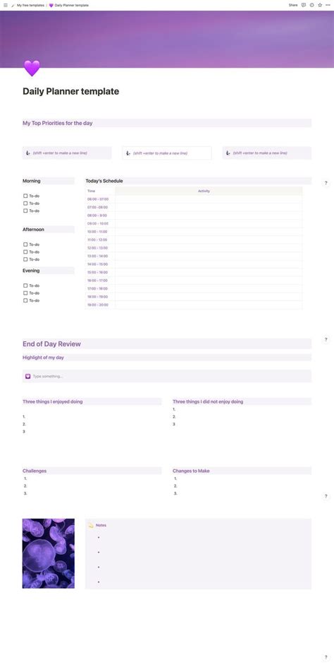 Free Purple Aesthetic Notion Daily Planner Template