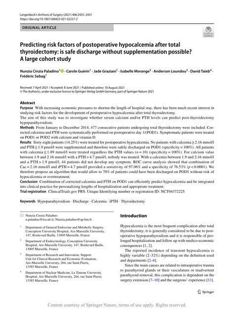 Predicting Risk Factors Of Postoperative Hypocalcemia After Total Thyroidectomy Is Safe