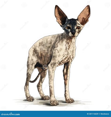 Detailed Drawing Of Colorized Sphynx Cat In Egyptian Iconography Stock