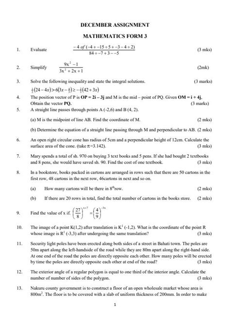 Form 3 Mathematics December Holiday Assignment 2022 12576