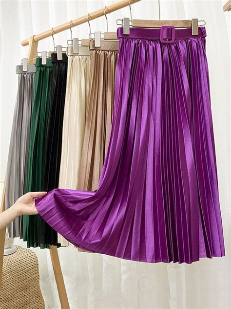 Loose Pleated Solid Color Skirts Bottoms Pleated Long Skirt Metallic