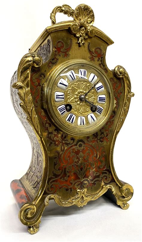Antique Shaped Boulle Mantel Clock Brass Inlaid Red Shell With Ormolu