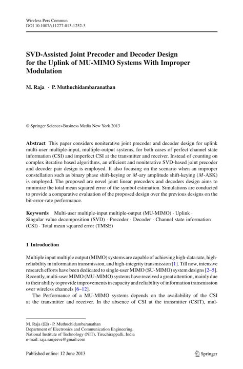 Pdf Svd Assisted Joint Precoder And Decoder Design For The Uplink Of