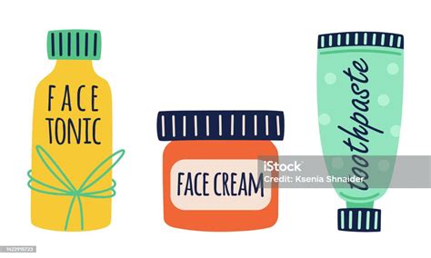 치약 얼굴 크림 토닉 벡터 아이콘 세트 피부 관리 보습 치아 닦기를위한 화장품이있는 병 건강한 라이프스타일을 위한 에코 제품