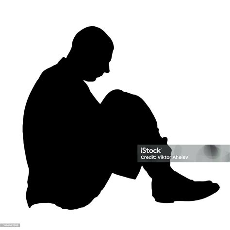 외로운 슬픈 남자는 다리를 집어 넣고 바닥에 앉아 우울증 스트레스 및 슬픔을 경험합니다 우울증 스트레스의 개념 실루엣에 대한 스톡 벡터 아트 및 기타 이미지 Istock